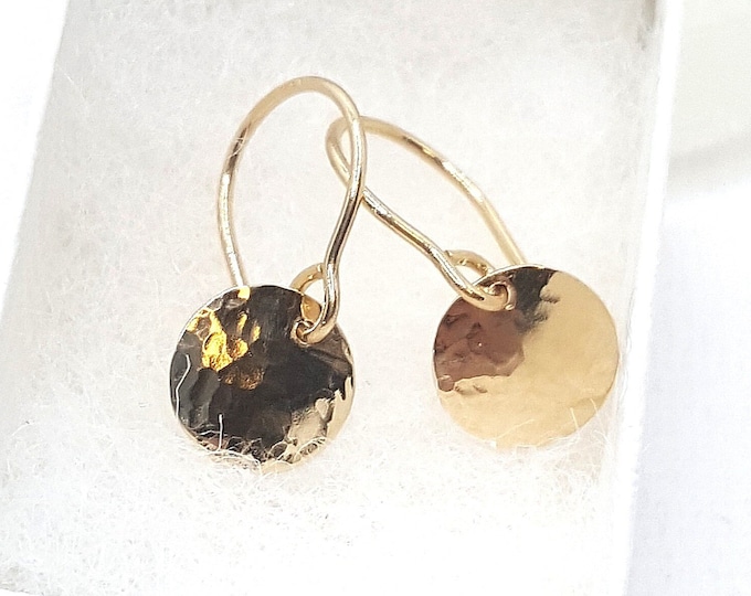 14k Hammered Gold Earrings. Solid Gold Dangles. Small Disc Earrings ...