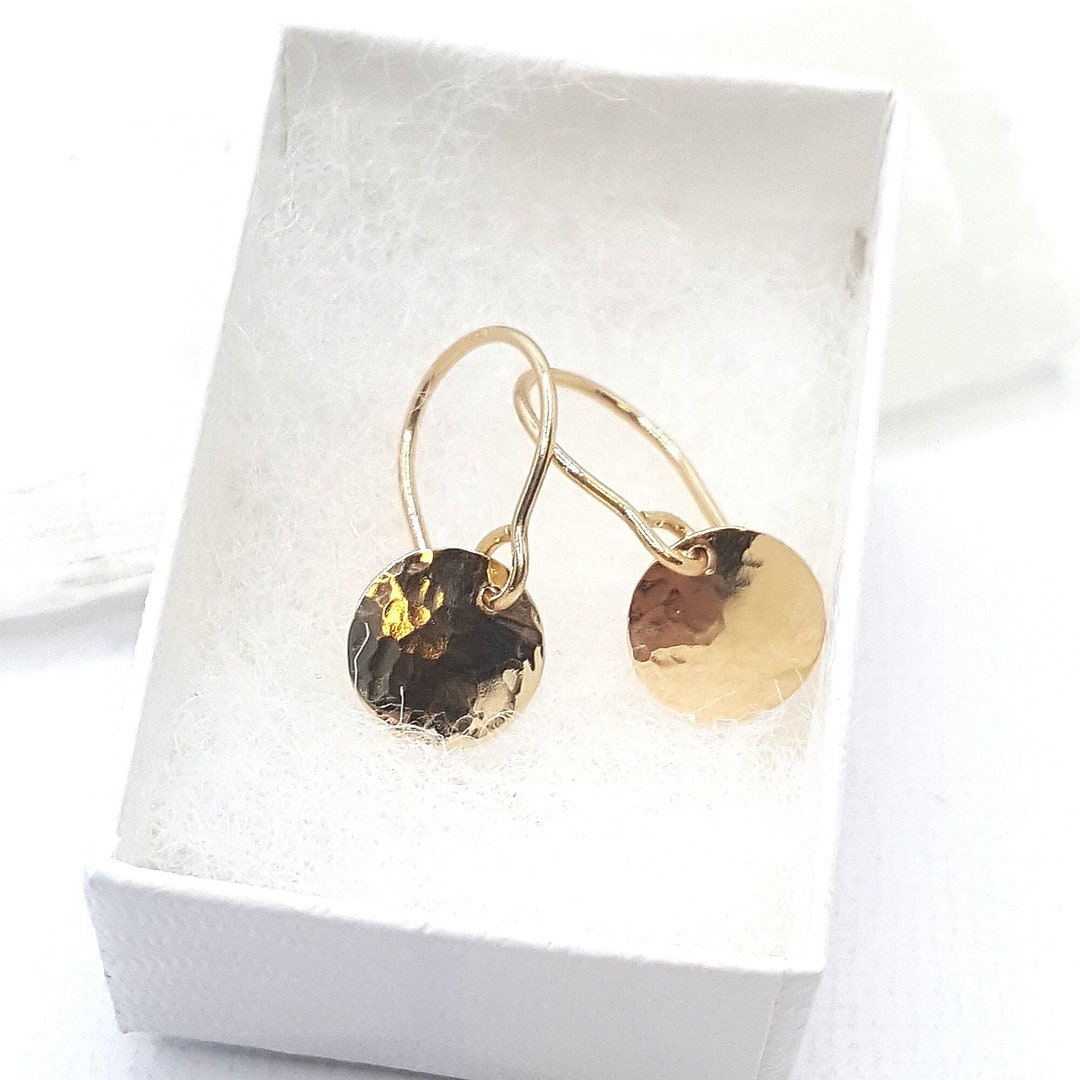 14k Hammered Gold Earrings. Solid Gold Dangles. Small Disc Earrings ...