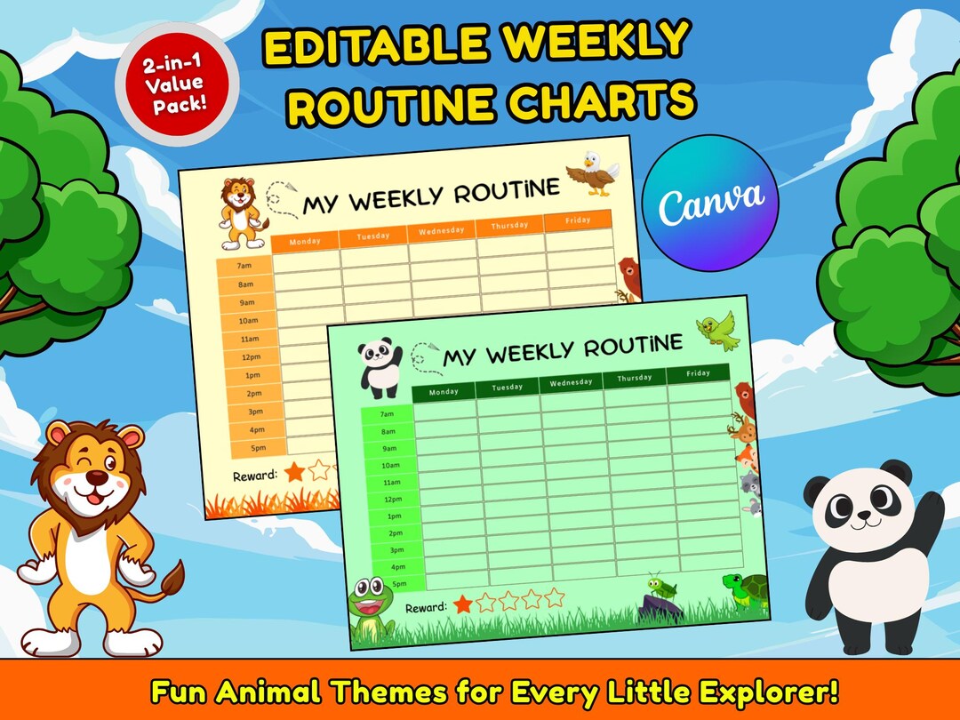 Editable Weekly Routine Chart for Kids | Panda & Jungle Animal Theme ...