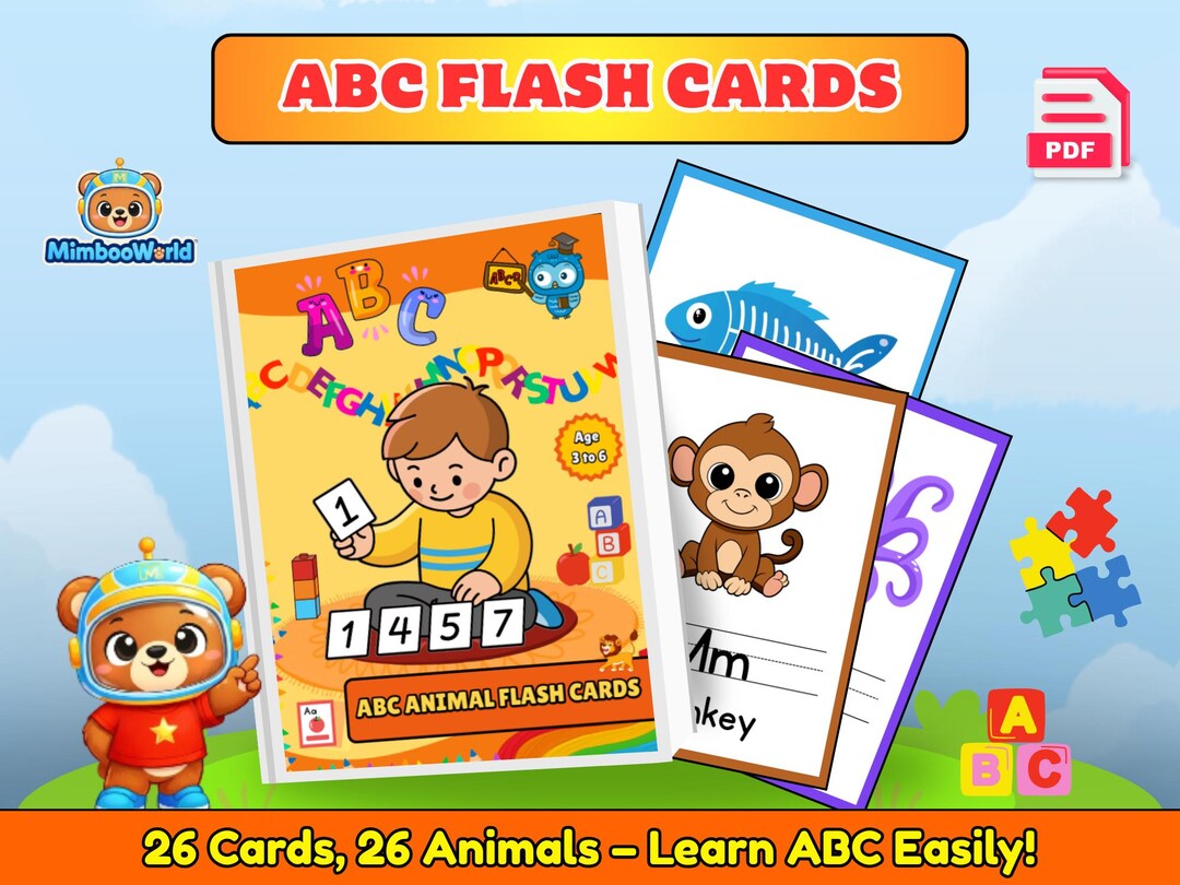 Animal ABC Flash Cards for Kids – 26 Printable Alphabet Cards A-Z ...