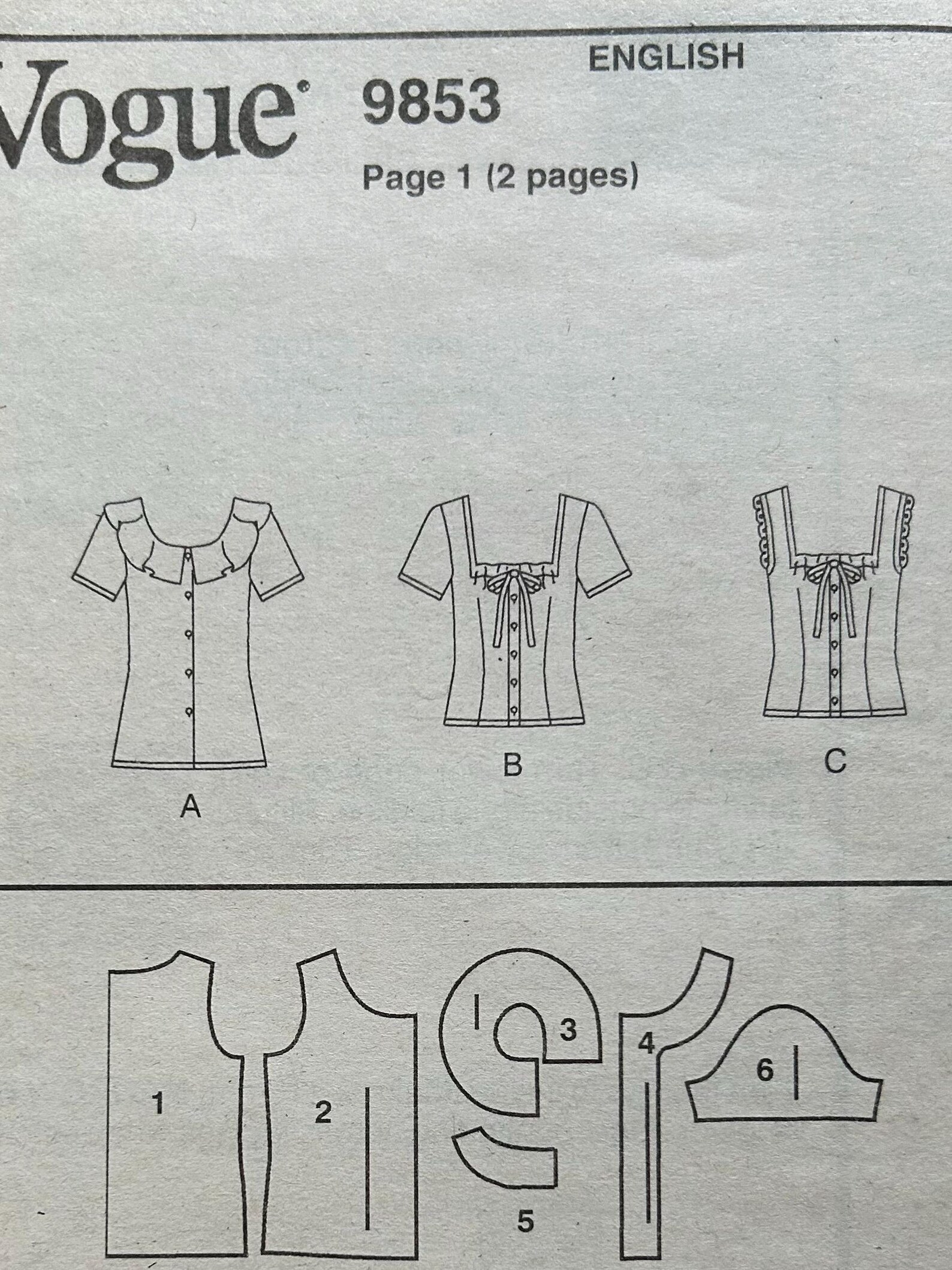 Vintage 1990s Vogue Blouse - Vogue Sewing Pattern #9853 (uncut) Size 8 ...