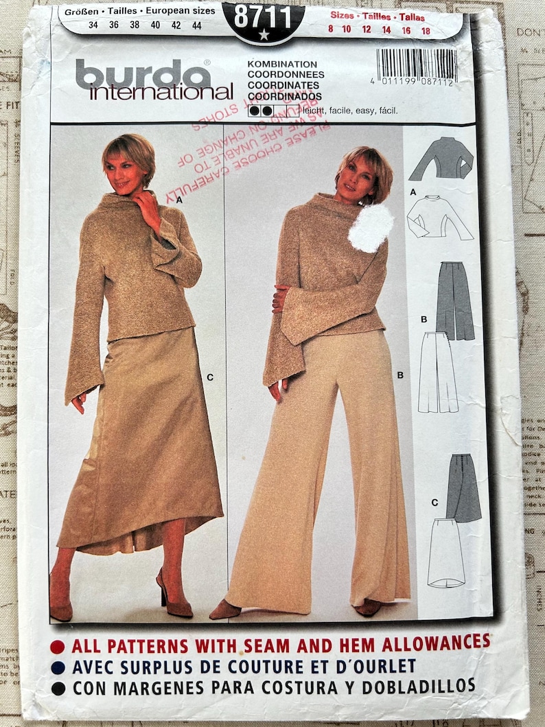 Burda 8711 Sewing Pattern, Wide-leg Knit Pants, Bell Sleeve Top, Size 8 ...