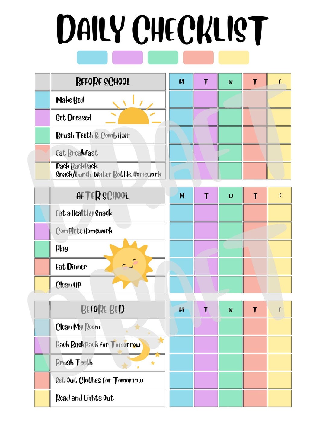 Daily School Checklist Printable, Kids Routine Template, Childrens ...