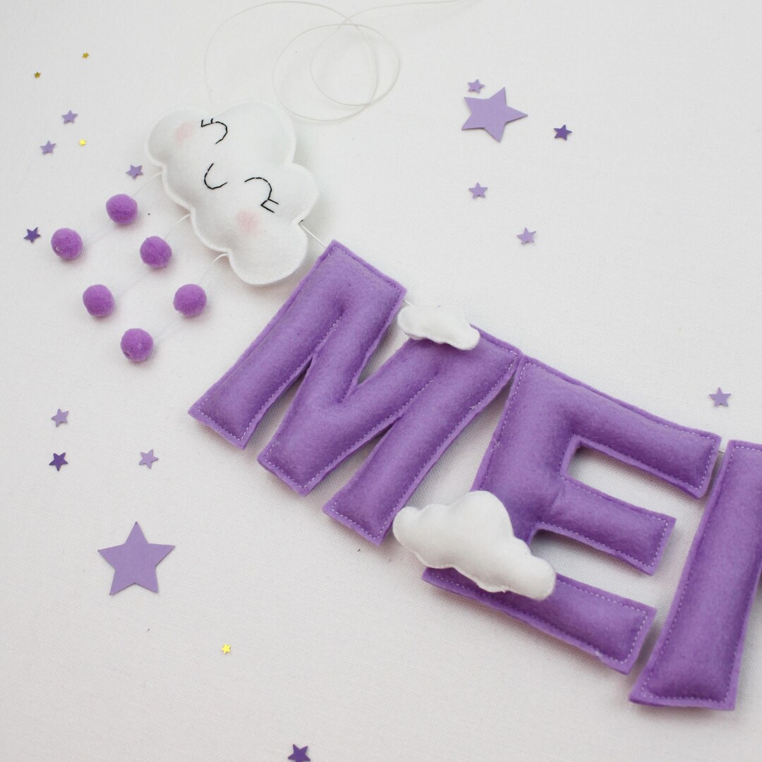 Cloud Name Banner – Custom Felt Letters Garland – Purple Nursery Wall ...