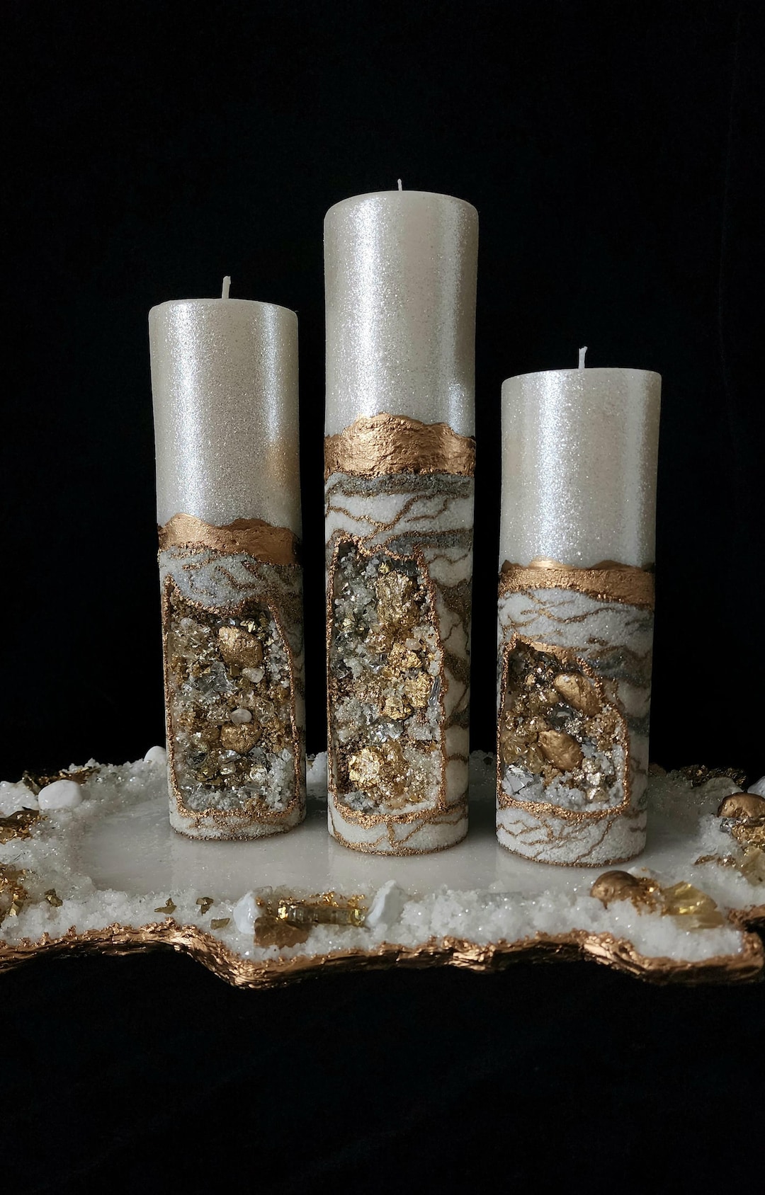 Three Gold Glitter Royal Candles on One Stand – Handmade Decorative ...