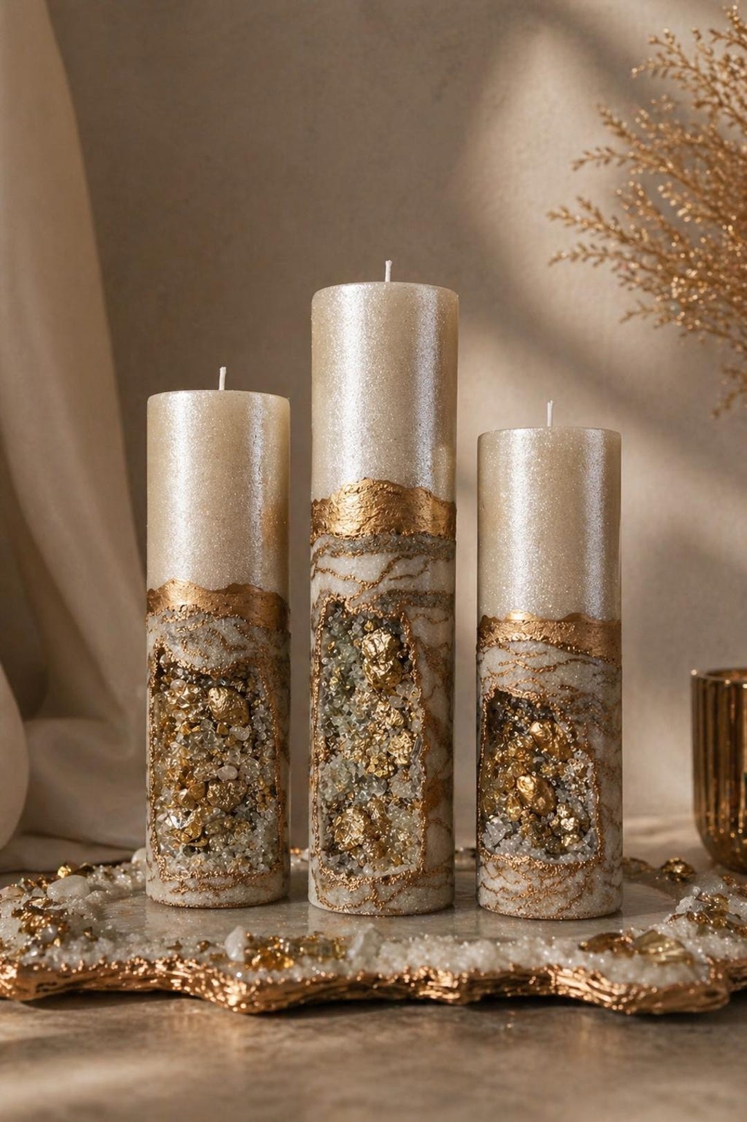 Set of 3 Gold Crystal Pillar Candles | Luxury Geode Decor - Etsy