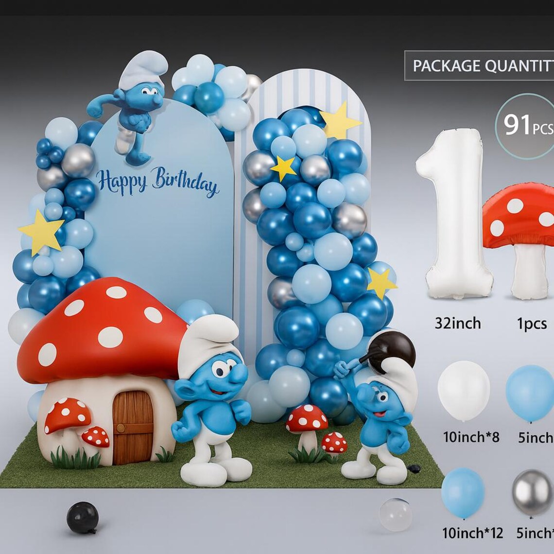Smurfs 4th Birthday Balloon Garland – Cartoon Arch Kit | Kids Party ...