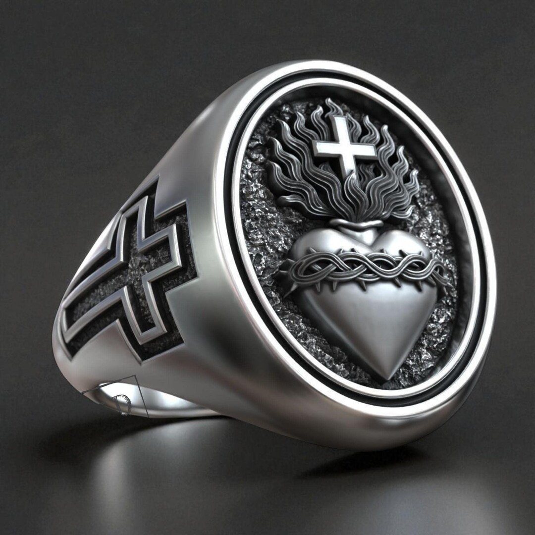 Sacred Heart Ring Christian Signet Handmade Sterling Silver Mens Faith ...