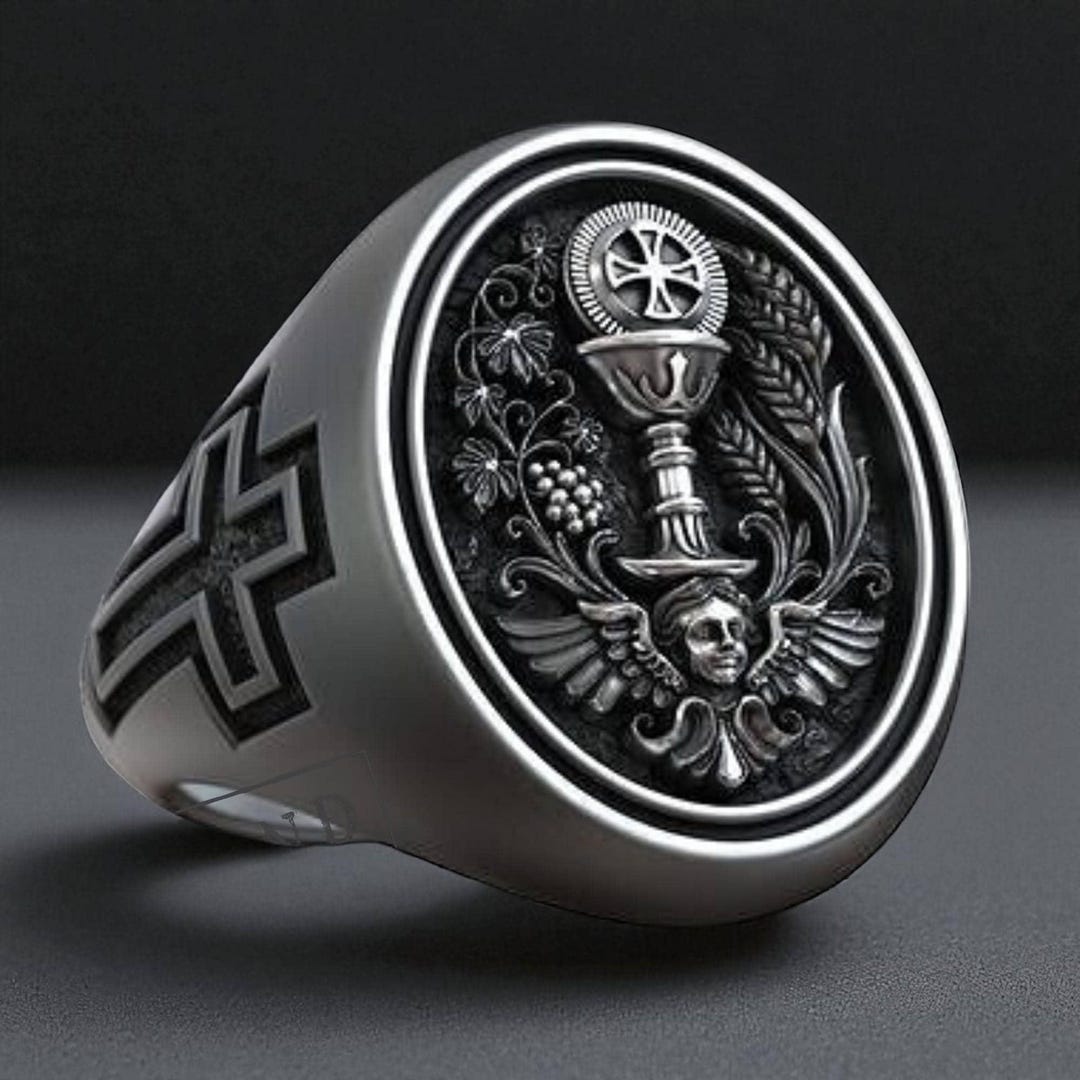 Holy Communion Ring Chalice Signet Sterling Silver Christian Faith Band ...