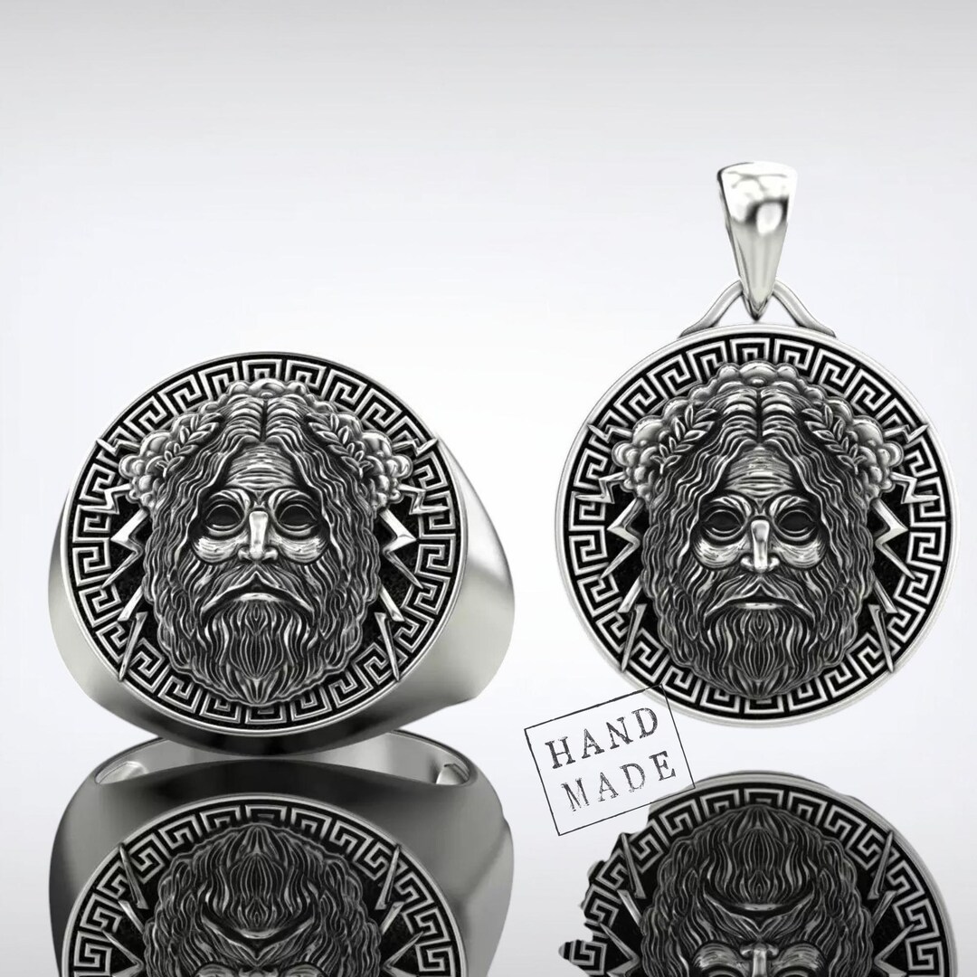 Zeus Jewelry Set: Thunder God Ring and Pendant With Greek Meander - Etsy