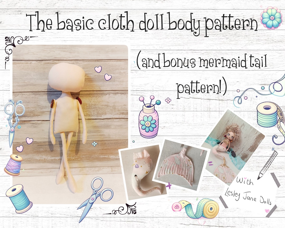 Instant Digital Download - Basic Cloth Doll Body Pattern Art Doll PDF Tutorial Class. Plus Bonus ...