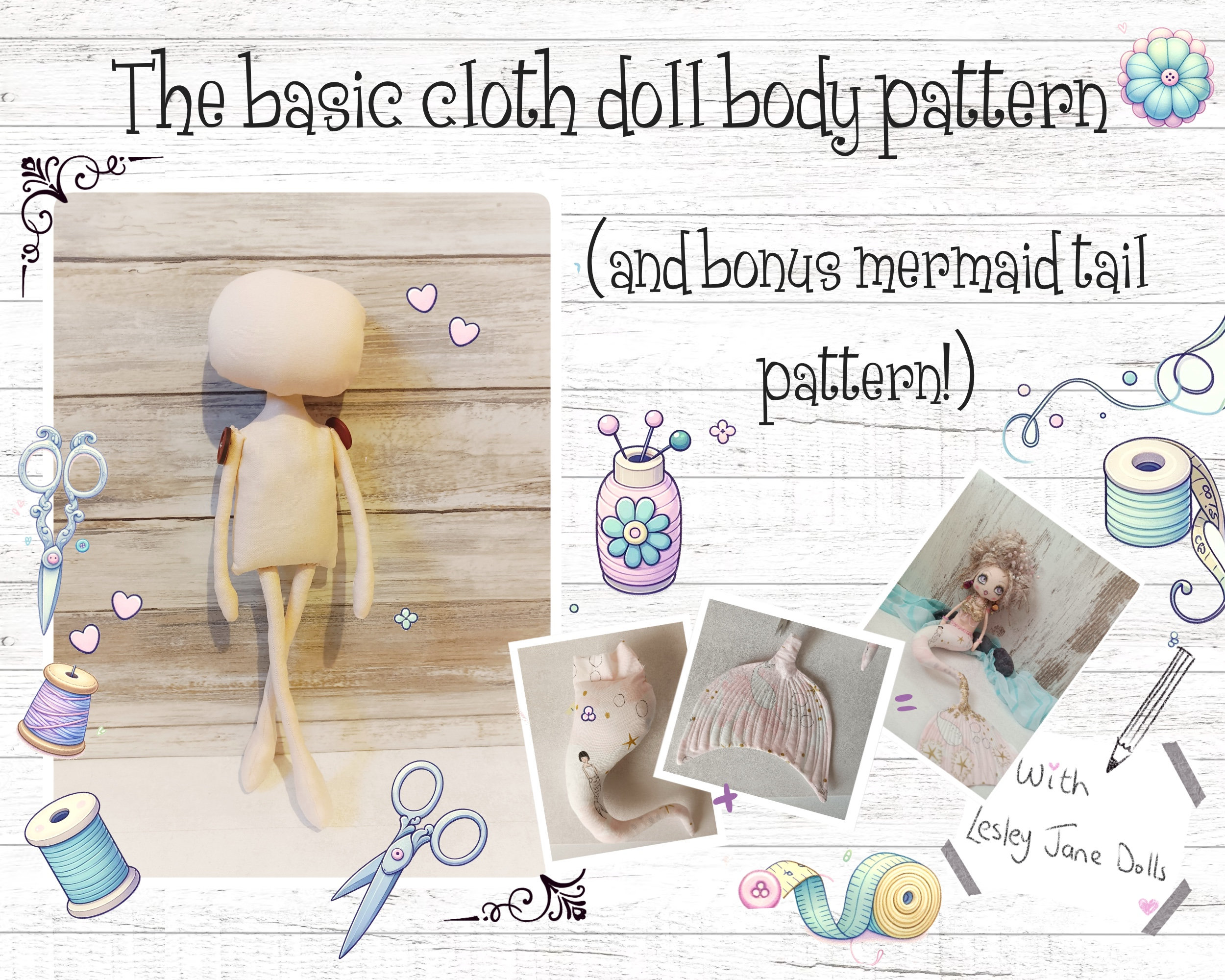 Instant Digital Download Basic Cloth Doll Body Pattern Art Doll PDF Tutorial Class. Plus Bonus ...