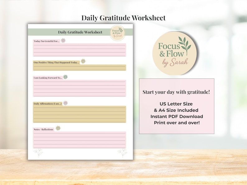 Daily Gratitude Worksheet. Printable PDF for Mindfulness & Positivity ...