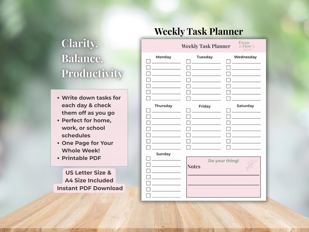 Weekly Task Planner Printable: Minimalist To-do List, US Letter & A4 ...