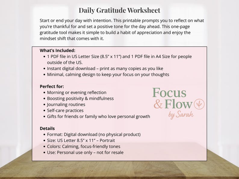 Daily Gratitude Worksheet. Printable PDF for Mindfulness & Positivity ...