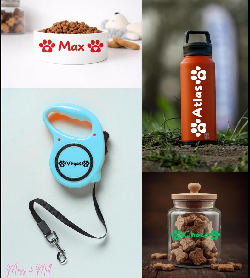 Custom Pet Name Decal With Paw Prints, Personalized Dog Bowl Sticker ...