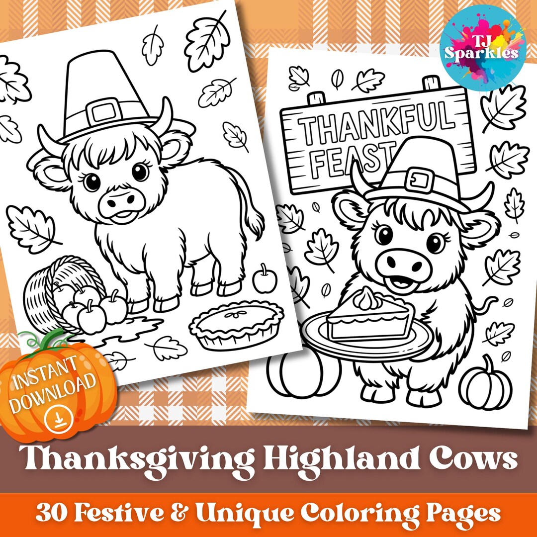 Thanksgiving Highland Cow Coloring Pages: 30 Printable Fall Scenes (PDF ...