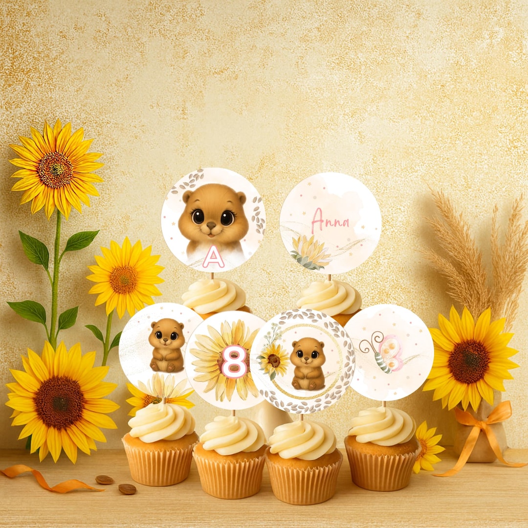 Gopher Cupcake Toppers Printable, Cute Sunflower Birthday Party Circles ...