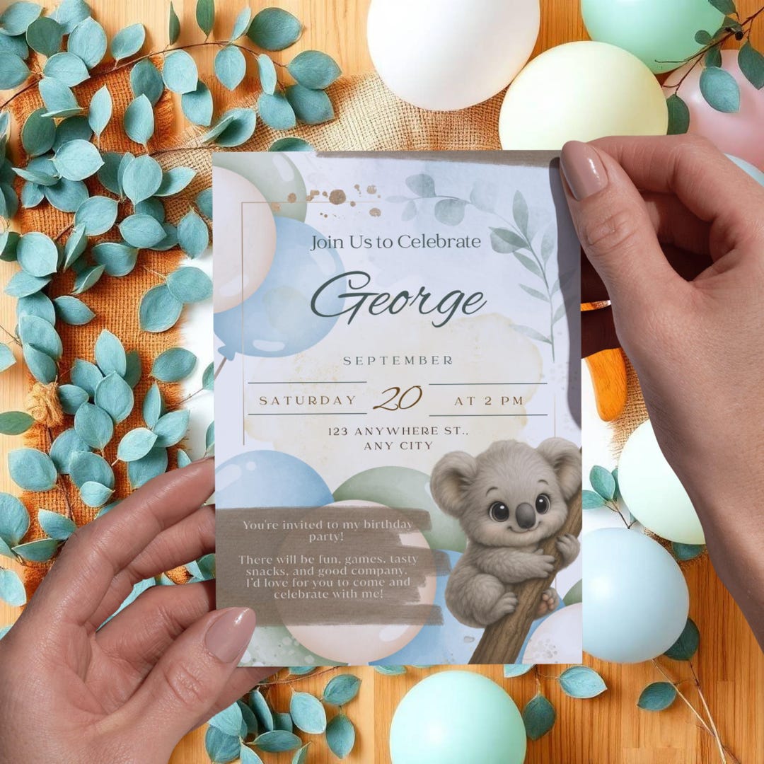 Koala Birthday Invitation Template, Editable Canva Kids Birthday Party ...