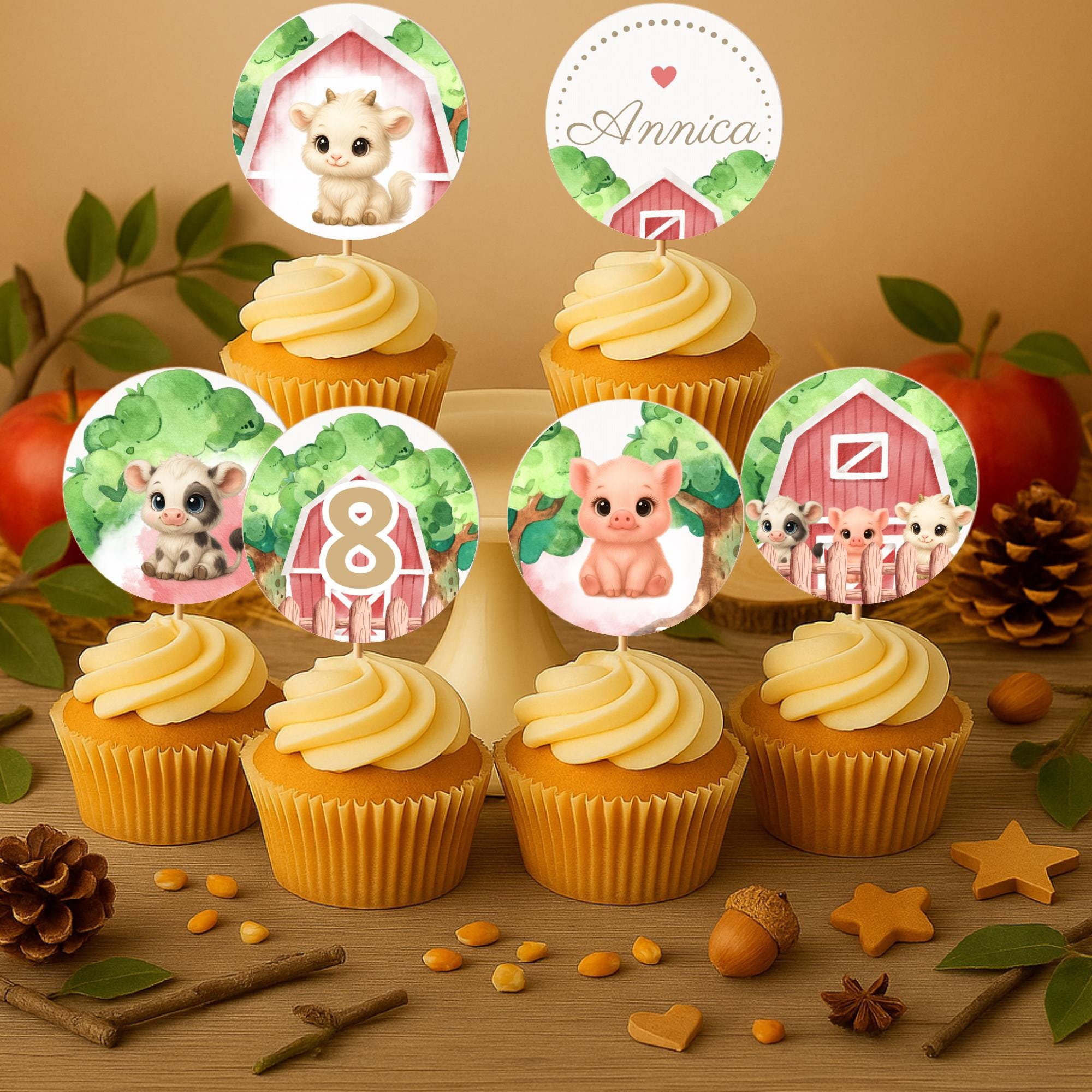 Farm Animal Cupcake Topper Template, Barnyard Birthday Printable, Cute ...