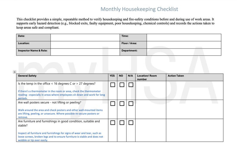 Monthly Housekeeping & Fire Safety Checklist – Printable | Health and ...