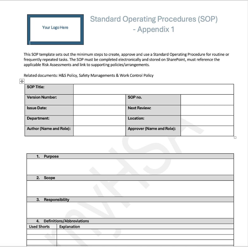 Editable SOP Template (word DOCX): Health & Safety Standard Operating ...
