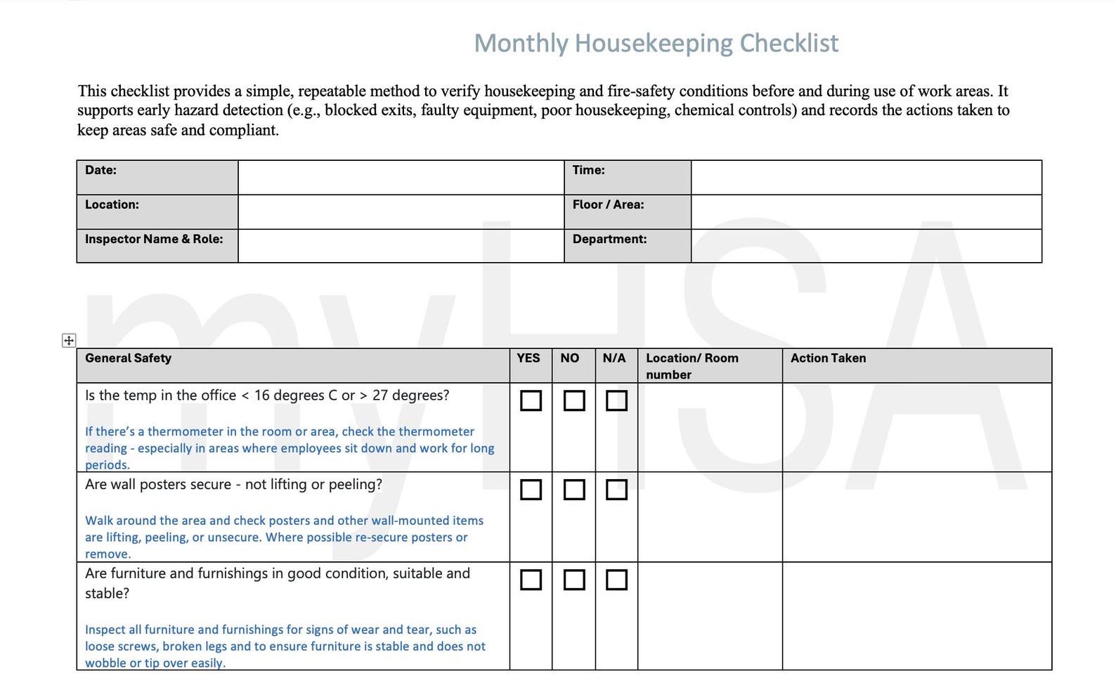 Monthly Housekeeping & Fire Safety Checklist – Printable | Health and ...