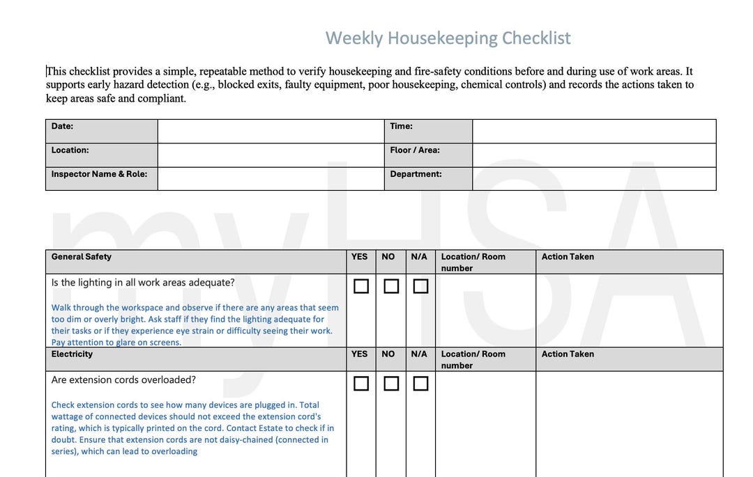 Weekly Housekeeping & Fire Safety Checklist – Printable | Health and ...