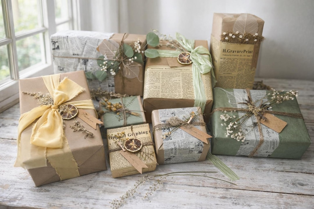 Botanical Wrapping Paper Set, Rustic Kraft Gift Wrap Ribbon & Dried ...