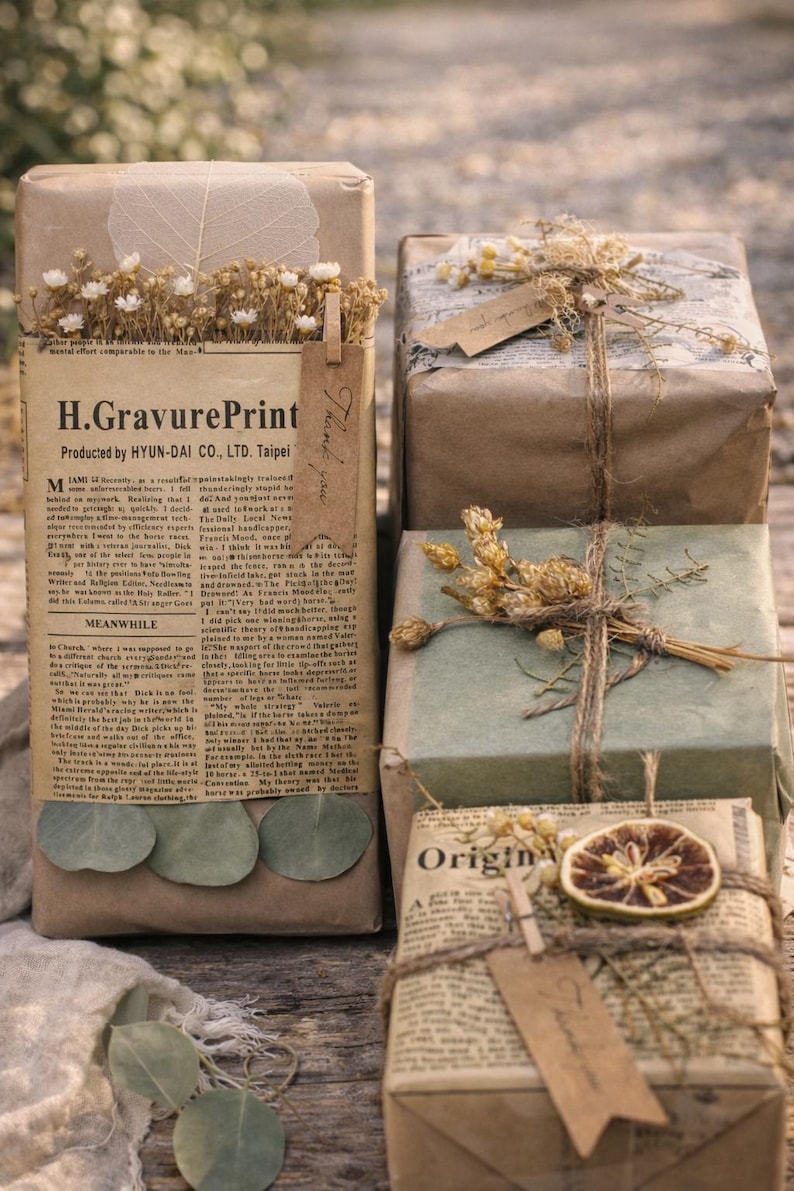 Botanical Wrapping Paper Set, Rustic Kraft Gift Wrap Ribbon & Dried ...