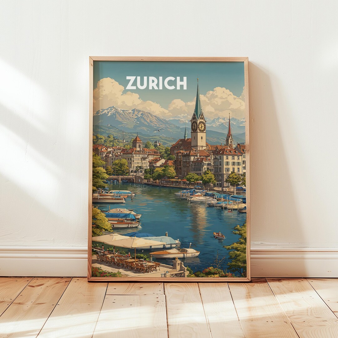 Vintage Zurich Switzerland Travel Poster Wall Art | Retro Cityscape ...
