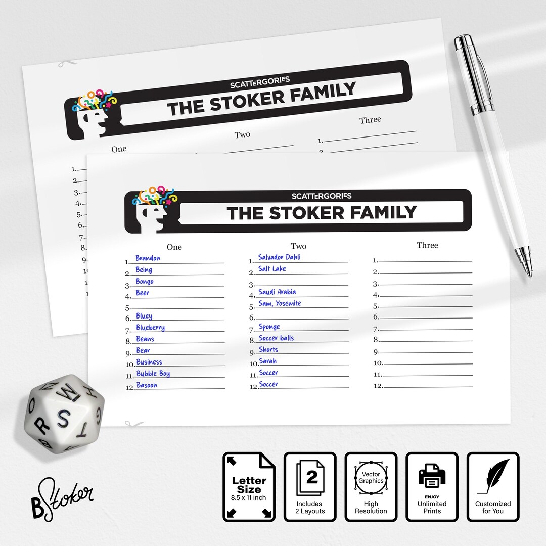 Personalized Scattergories Scorecard, Printable Score Sheet, Custom ...