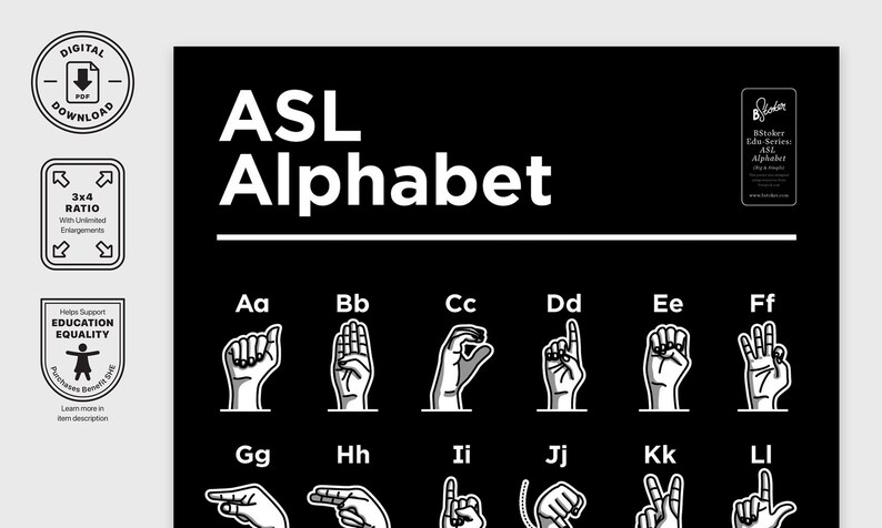 ASL Alphabet Digital Posters - Educational Black and White Poster for ...