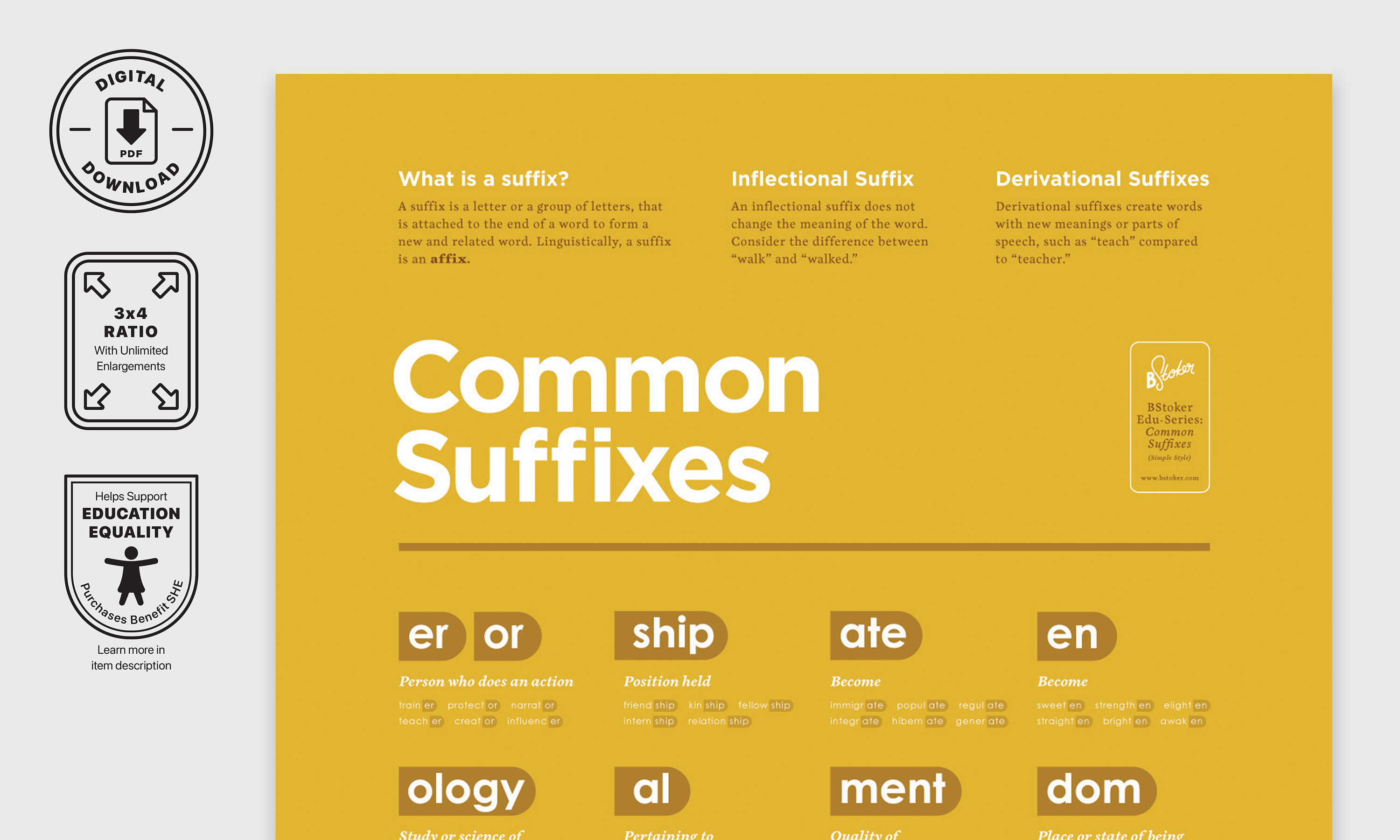 Common Suffixes Yellow Poster - Educational Suffix Words in English ...