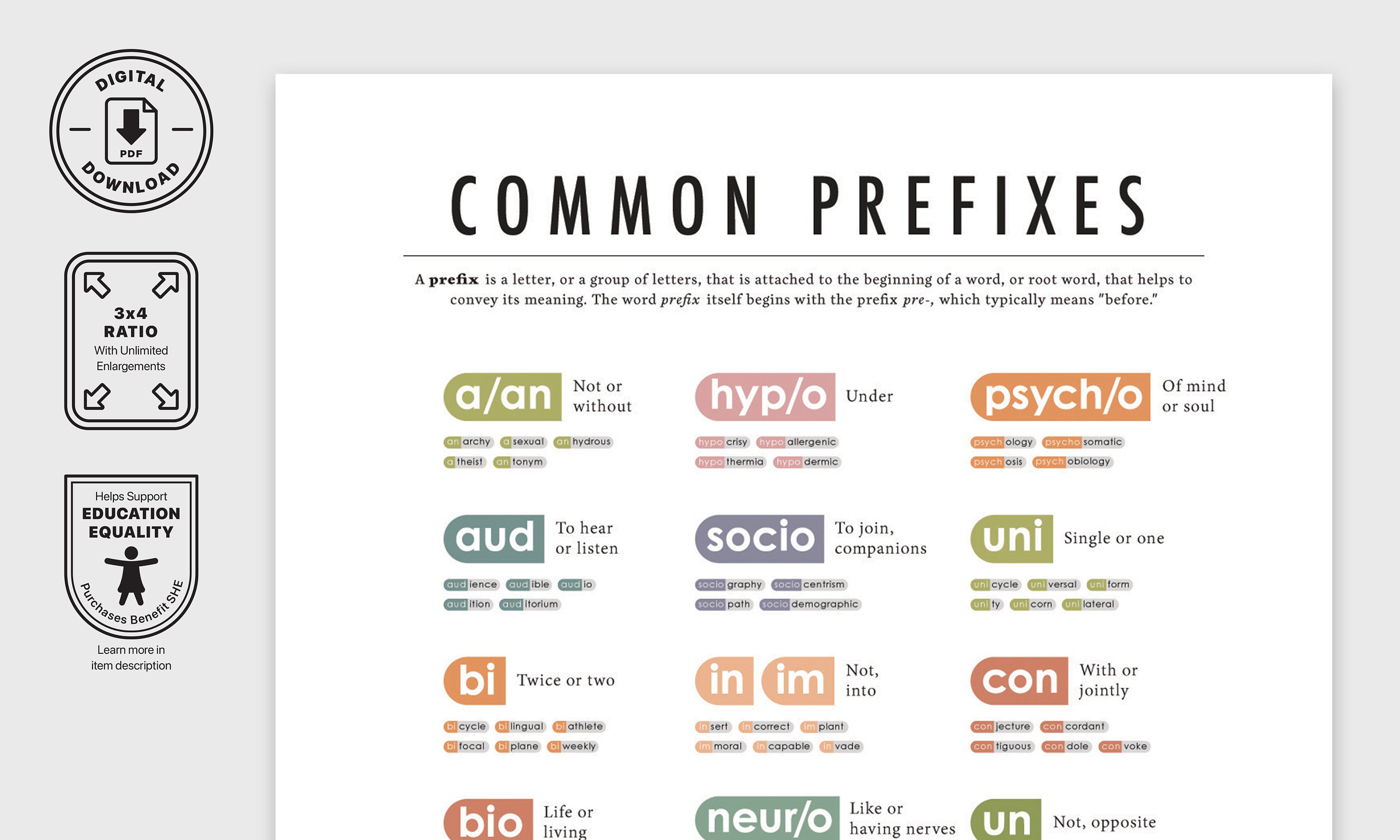 Earth-tone Prefixes Poster List of Prefix Learning Chart for Nursery ...