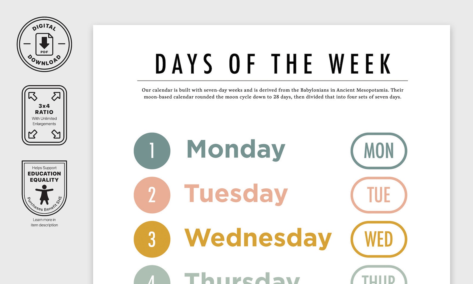 Simple Day of the Week Poster Digital and Printable Monday - Etsy