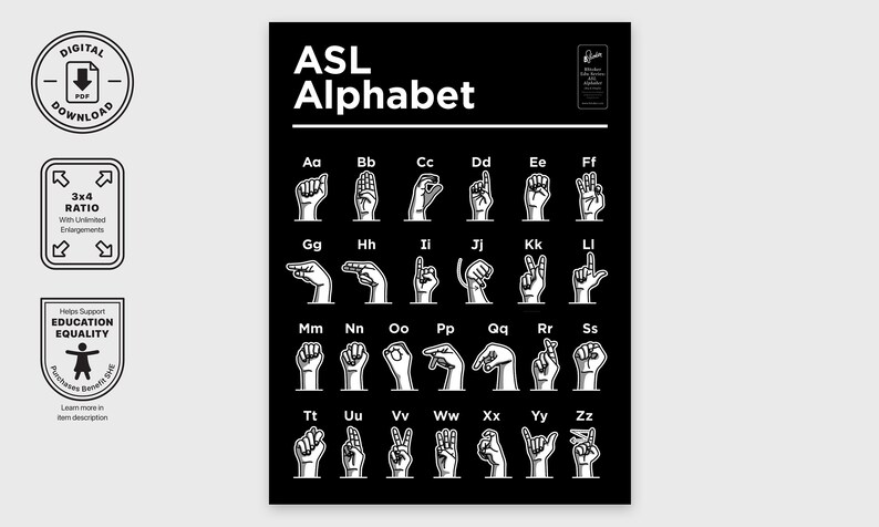 ASL Alphabet Digital Posters - Educational Black and White Poster for ...