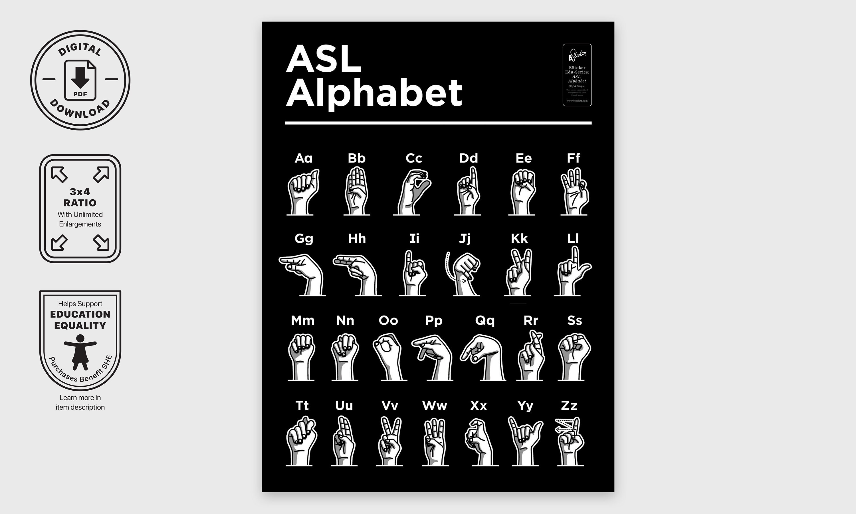 ASL Alphabet Digital Posters Educational Black and White - Etsy