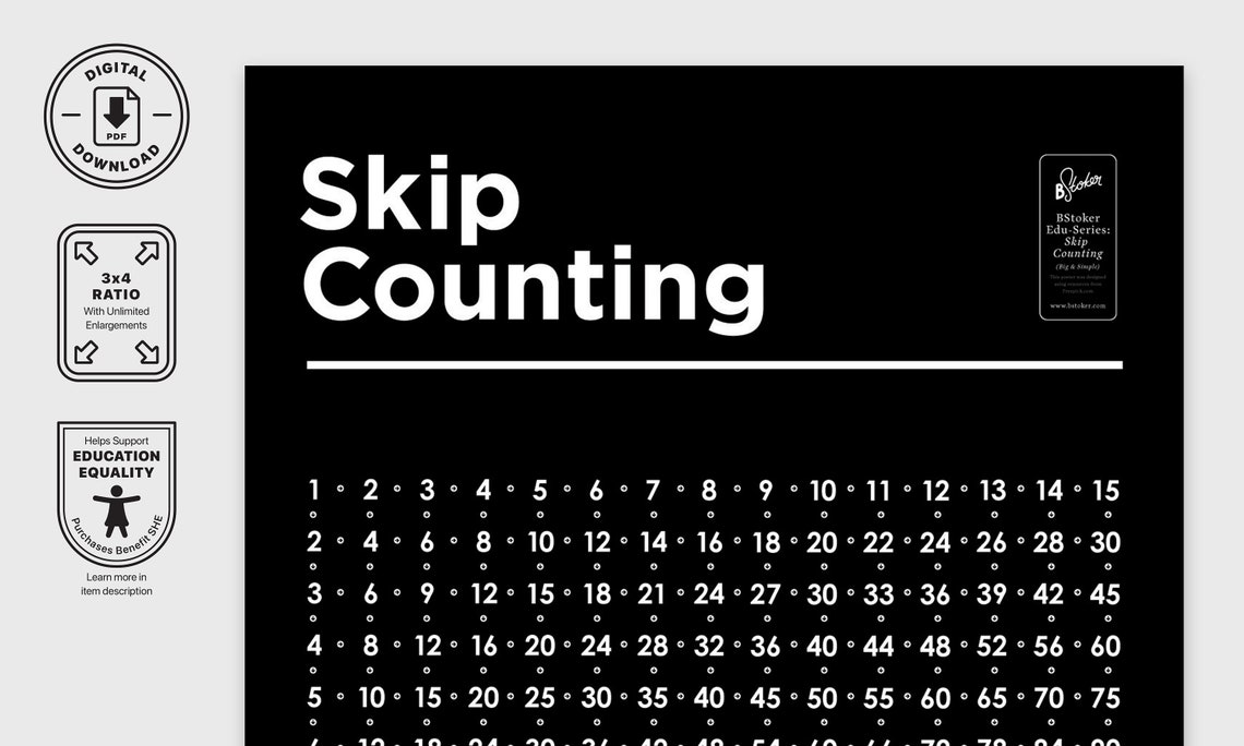 Simple Skip Counting Poster Educational Black and White Chart for ...