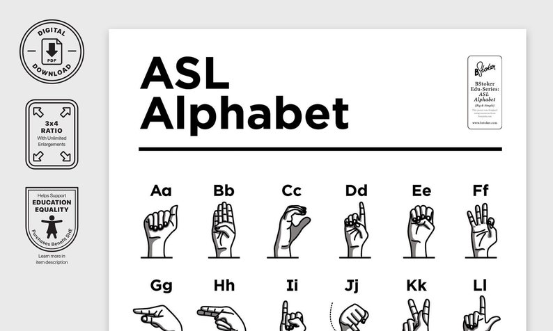 ASL Alphabet Digital Posters - Educational Black and White Poster for ...