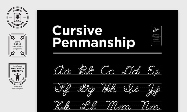 Educational Alphabet Posters - Downloadable Black and White Cursive ...
