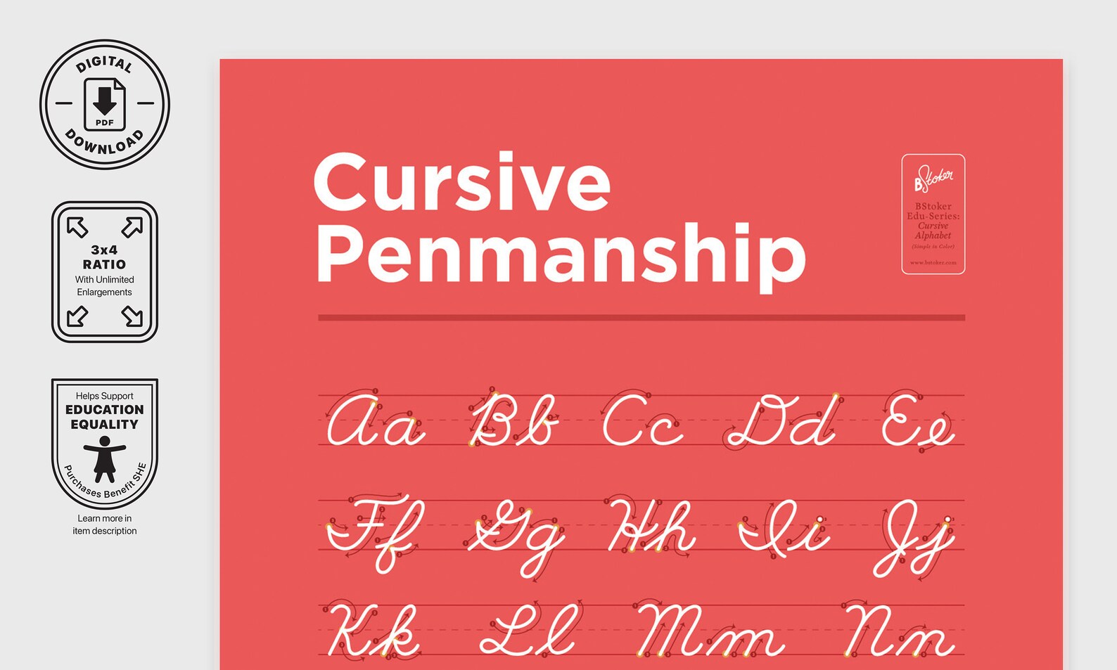 Educational Alphabet Red Posters Downloadable Cursive Penmanship ABC ...