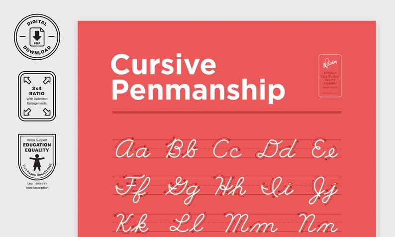 Educational Alphabet Red Posters - Downloadable Cursive Penmanship ABC ...