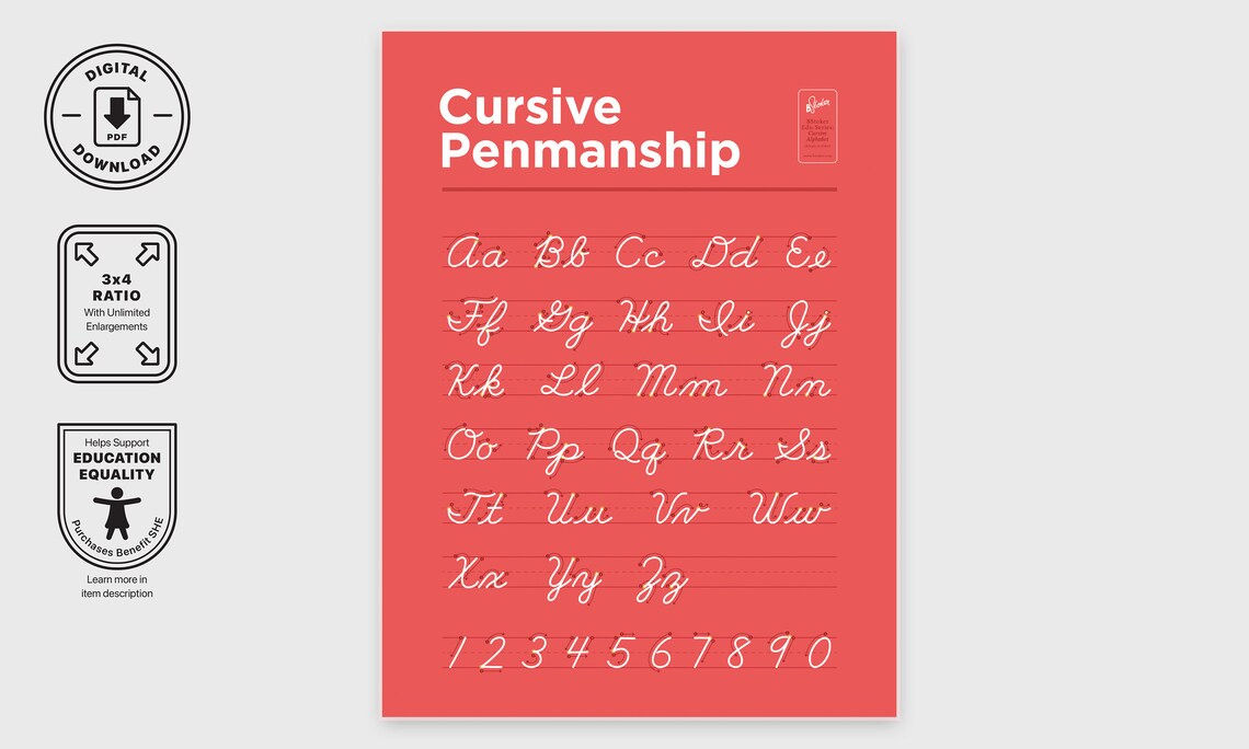 Educational Alphabet Red Posters Downloadable Cursive Penmanship ABC ...