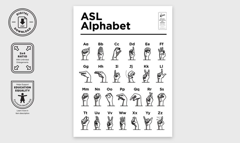 ASL Alphabet Digital Posters - Educational Black and White Poster for ...