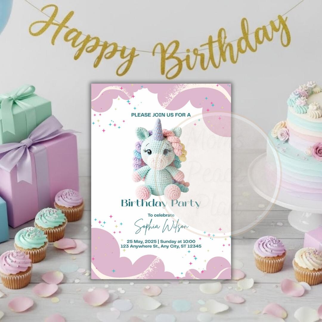 Unicorn Crochet Birthday Invitation | Pastel Rainbow Party Invite ...