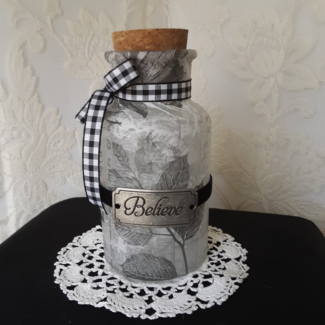 Decoupage Glass Bottle Vase: Tim Holtz Botanical Paper, 'believe' Tag ...