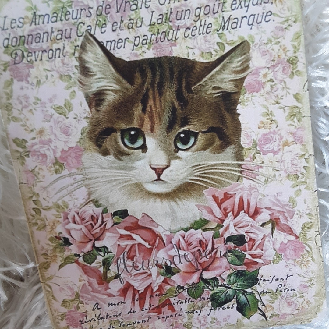 Cat Journal Card, Victorian With Pink Roses, Shabby Chic, Blank Card ...