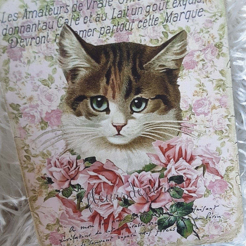 Cat Journal Card, Victorian With Pink Roses, Shabby Chic, Blank Card ...