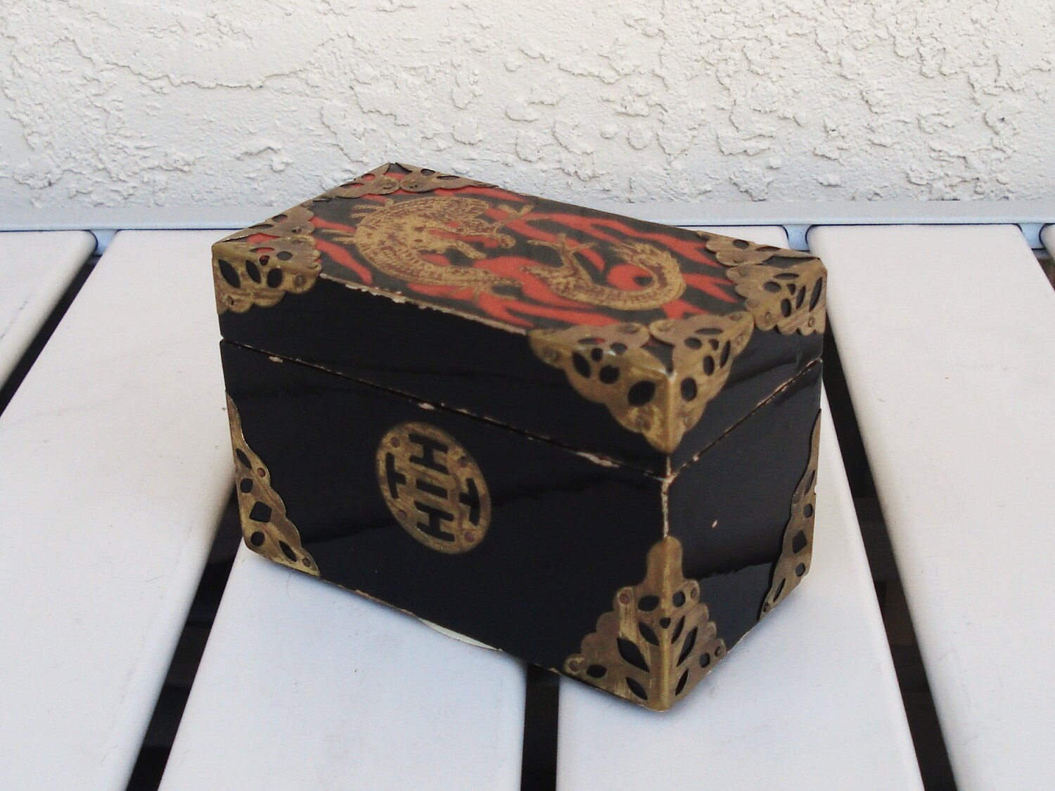 Black Lacquer Trinket Box With Brass Inlaid. - Etsy